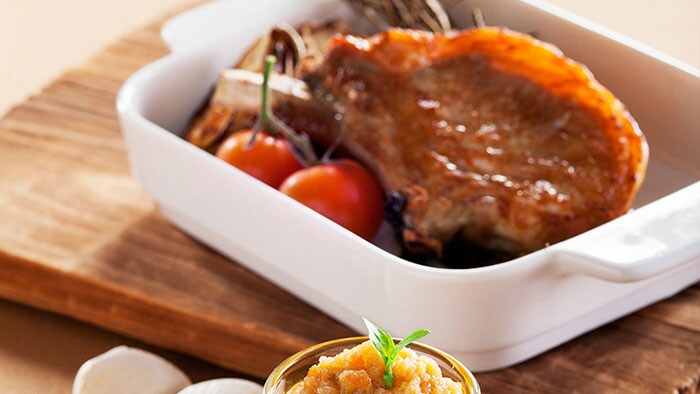 Grilled Spain Iberico Pork Chop with Herbs and Salmon Garlic Sauce ...